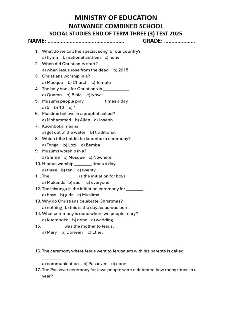 Social Studies Test for Grade Students | PDF | Zambia | Mary, Mother Of ...