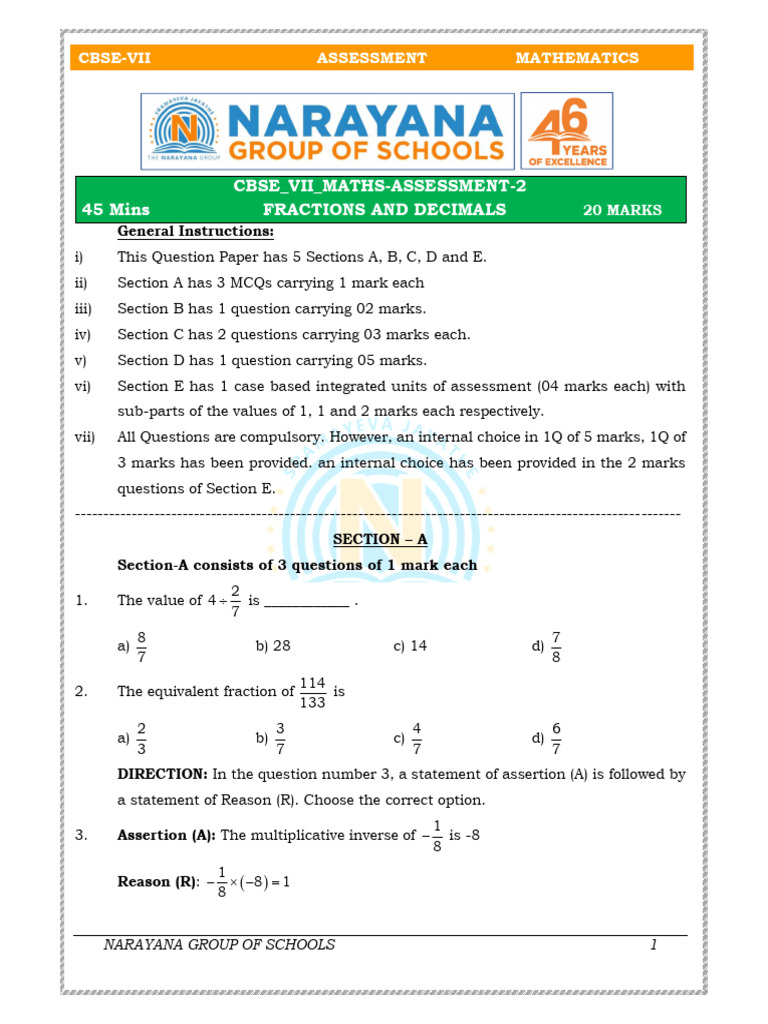 CBSE VII Maths Assessment: Fractions & Decimals | PDF | Polygon ...