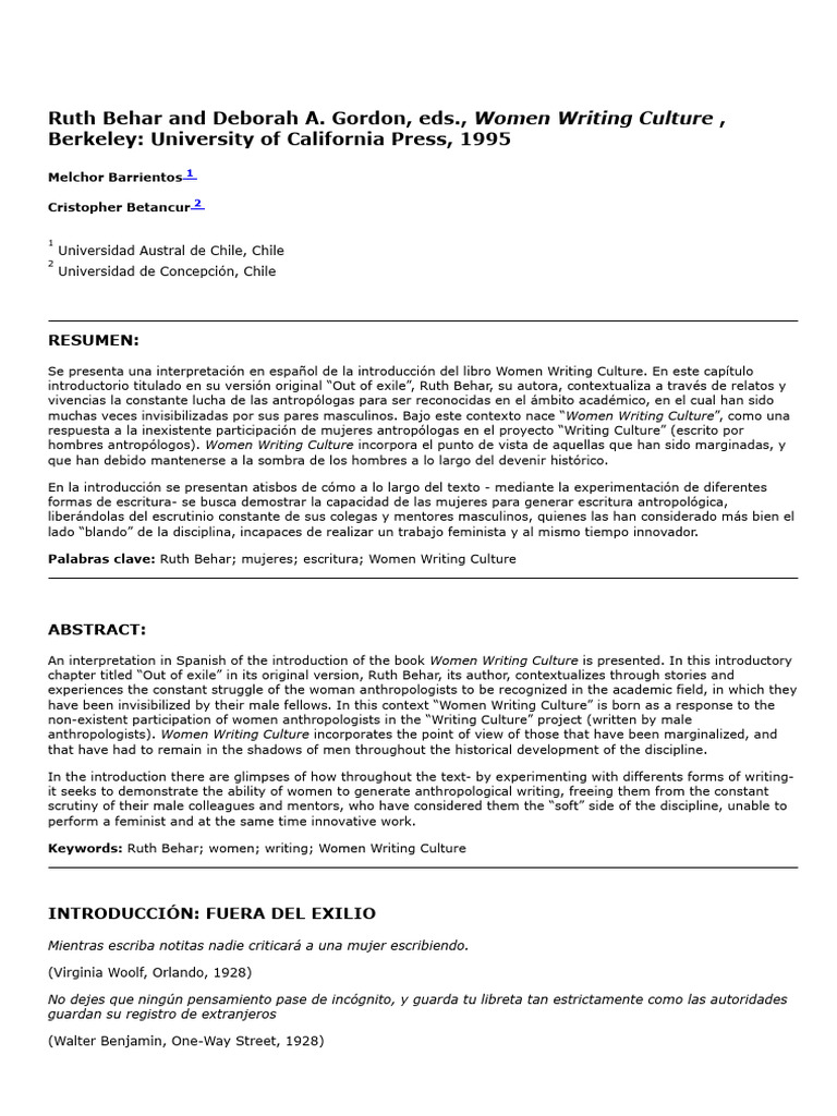 Ruth Behar and Deborah A. Gordon, Eds., Women Writing Culture, Berkeley ...