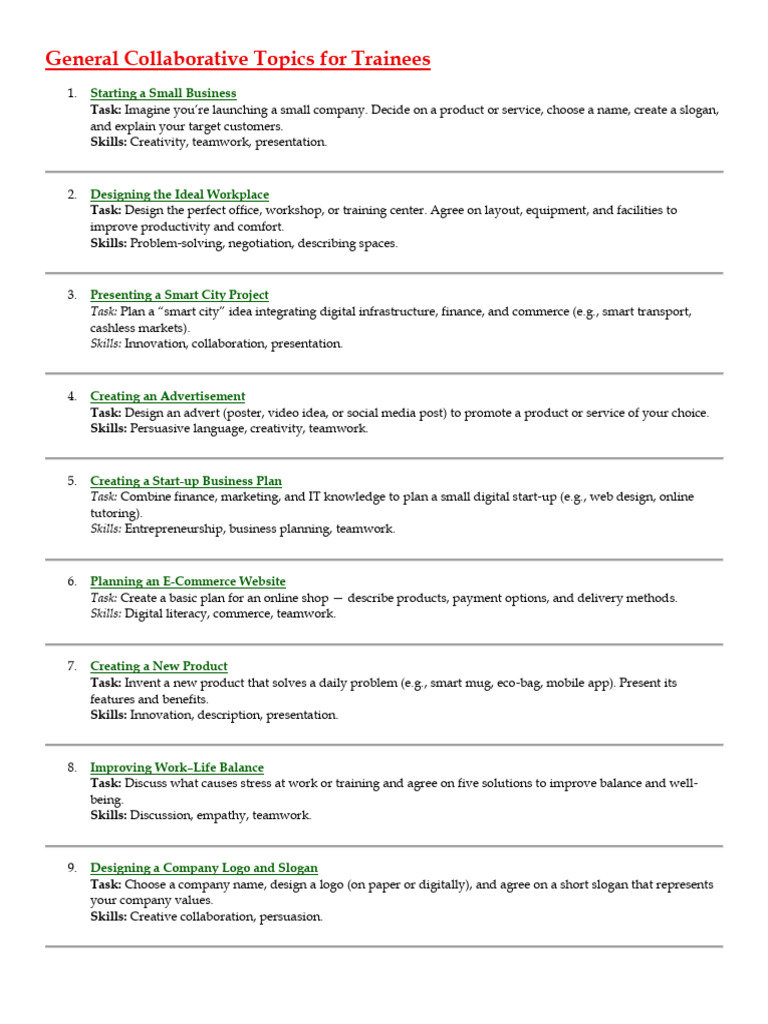 Collaborative Training Topics for Trainees | PDF | Skill | Business