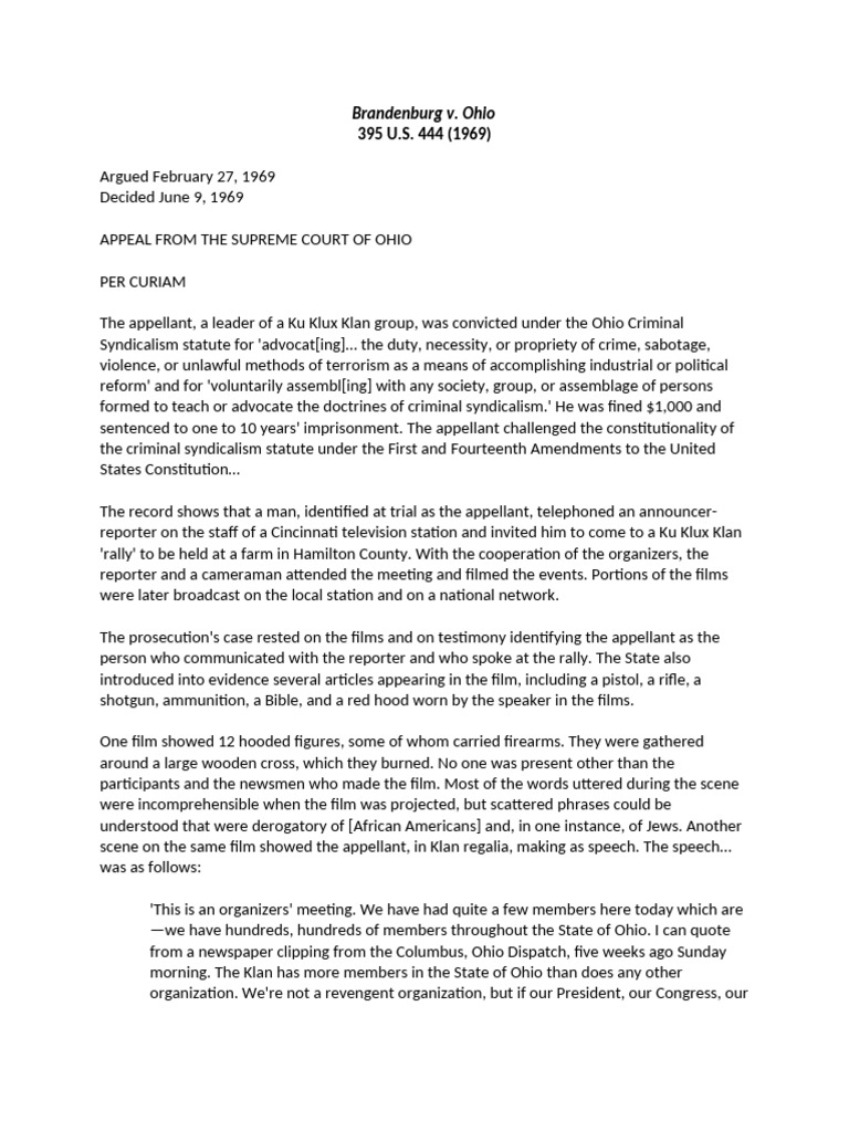 Brandenburg V Ohio-1 | PDF | Justice | Crime & Violence