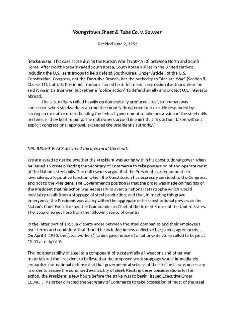Youngstown Sheet and Tube V Sawyer | PDF | Presidents Of The United ...