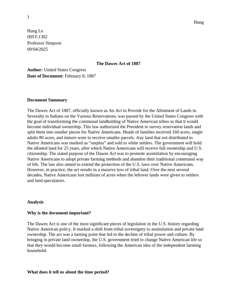 Hung Le - The Dawes Act of 1887 | PDF | Native Americans In The United ...