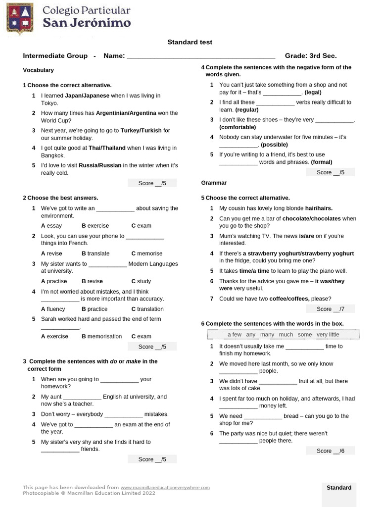 B1 U3 Test Standard 3 3rd | PDF | English Language | Human Communication