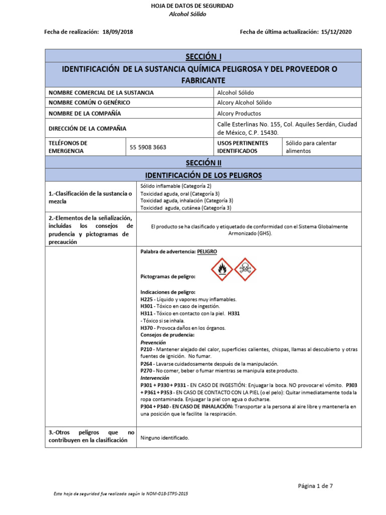 Hoja de Seguridad: Alcohol Sólido | PDF | Agua | Residuos