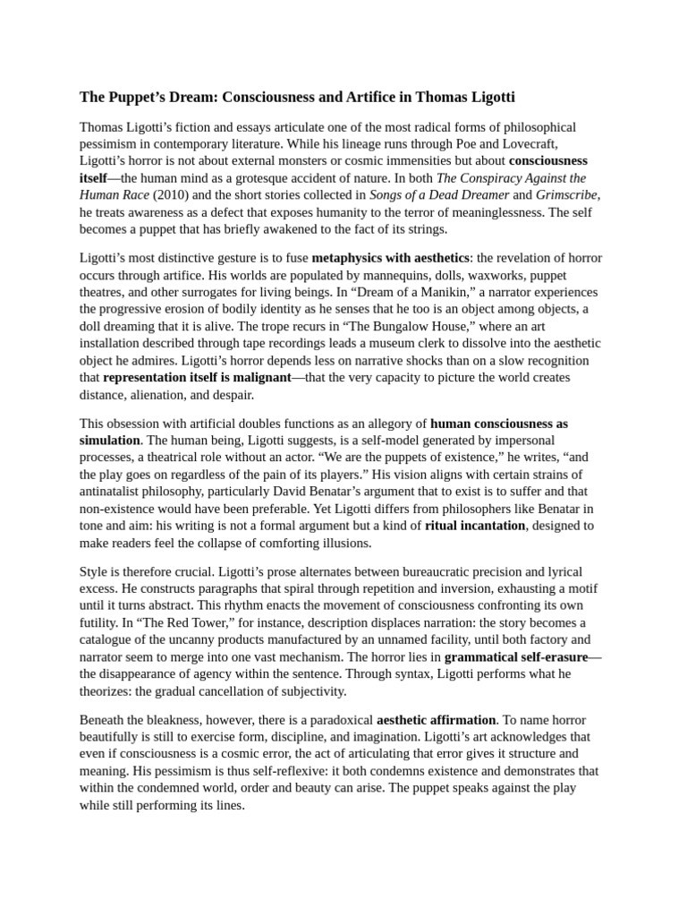 Ligotti's Horror: Consciousness as Puppet | PDF | Consciousness | H. P ...