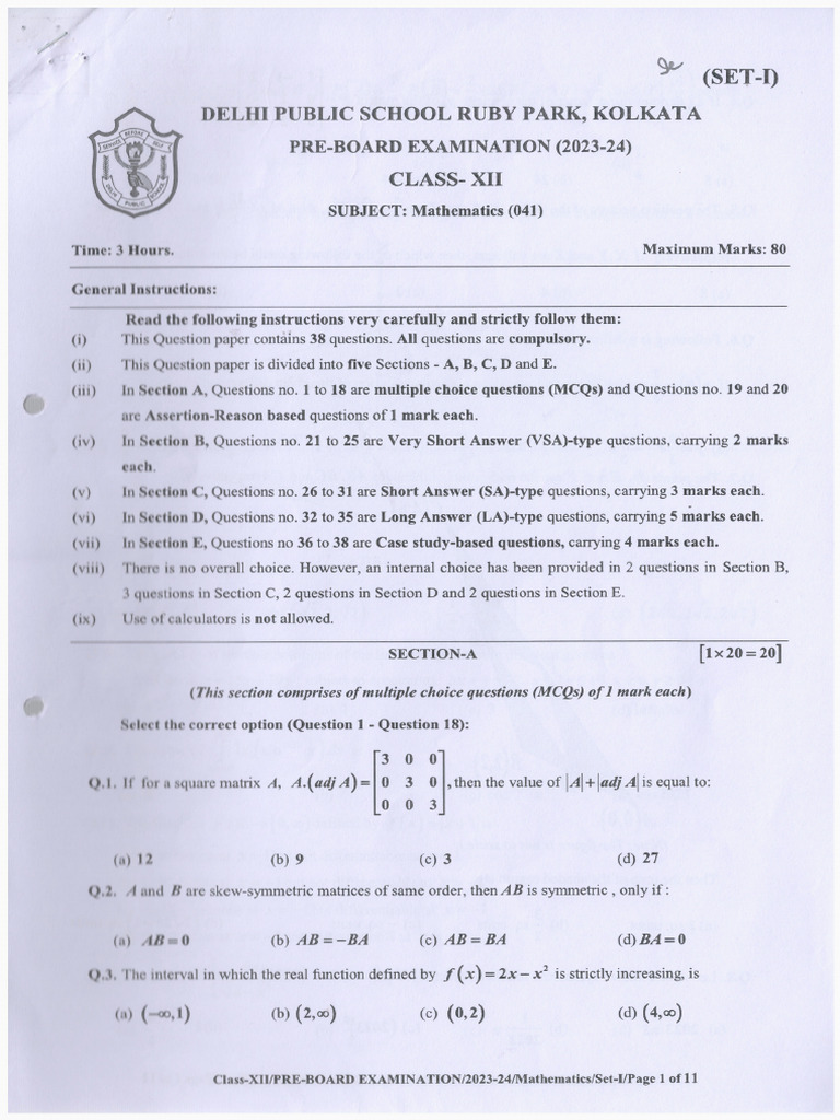 Maths Pre Board 2023-24 CL 12 | PDF