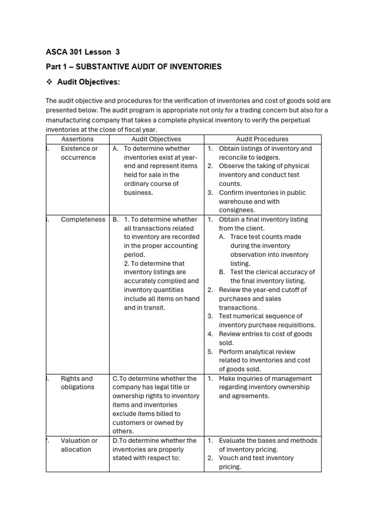 Asca 301 Substantive Audit of Inventories | PDF | Cost Of Goods Sold ...