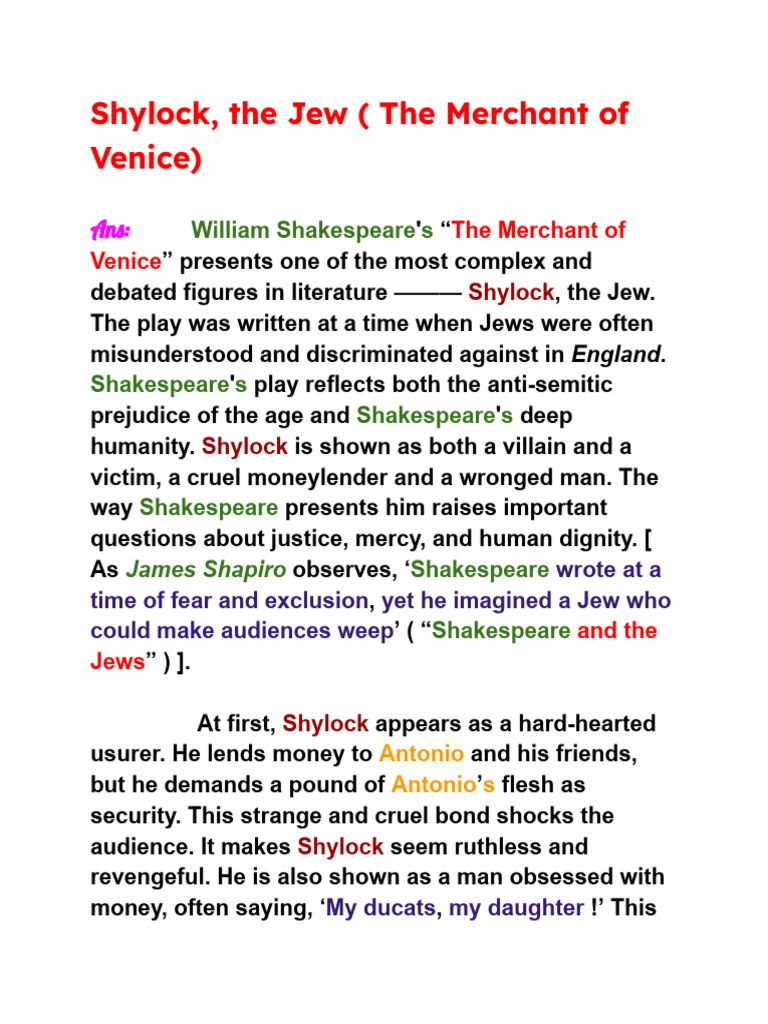 Character of Shylock (10 Marks) | PDF | Shylock