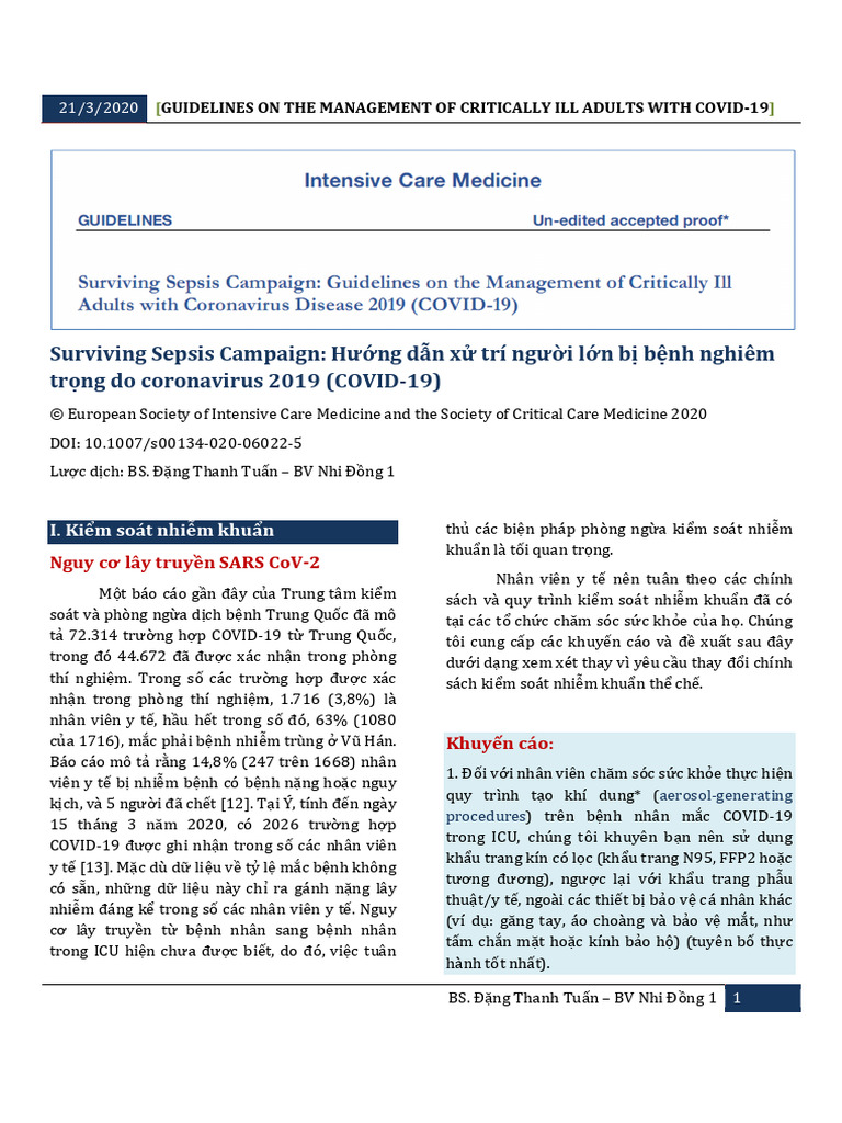 Surviving Sepsis Campaign 2020 - Guidelines On The Management of ...