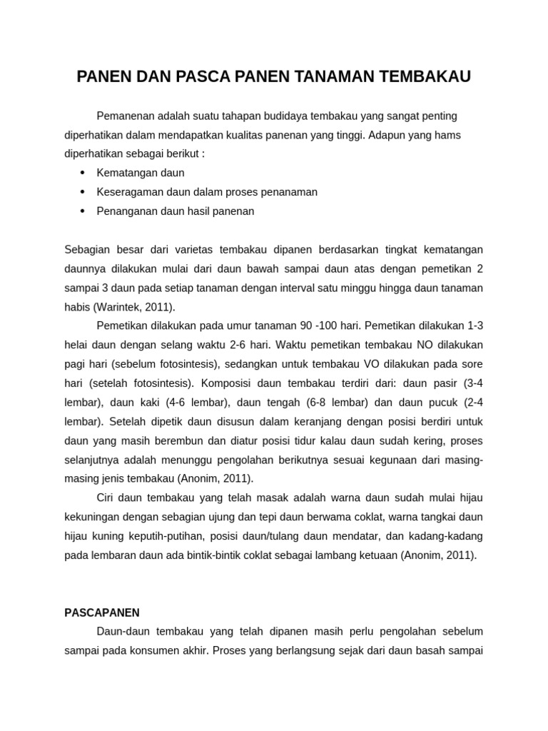 Proses Panen dan Pasca Panen Tembakau | PDF