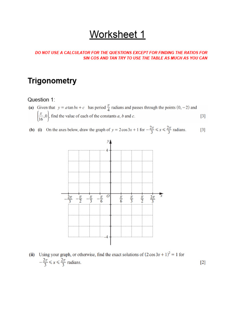 Trigonometry Worksheet Questions | PDF