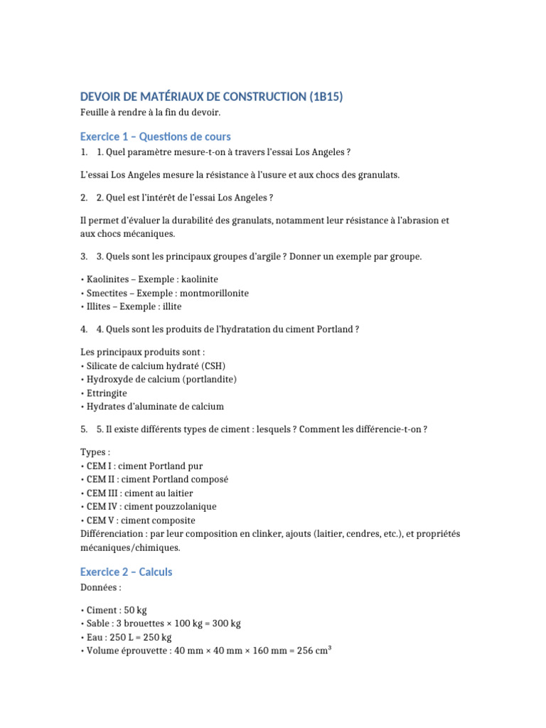 Devoir sur les matériaux de construction | PDF