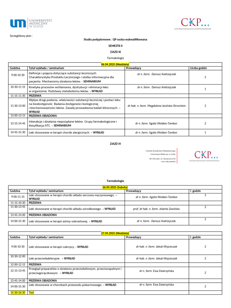 QP 2025 Harmonogram Farmakologia | PDF
