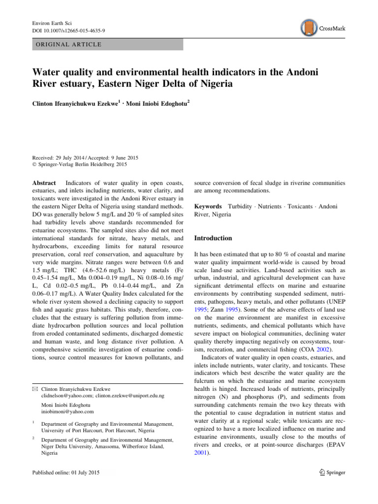Water Quality and Environmental Health Indicators in The Andoni | PDF ...