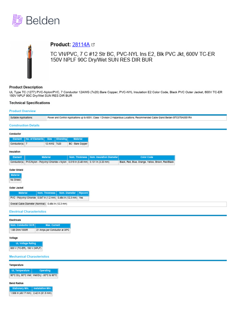 7x12 BELDEN 28114A - Techdata | PDF | Polyvinyl Chloride | Electrical Conductor
