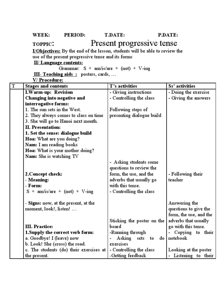 Present Progressive Tense Lesson Plan | PDF | Language Arts & Discipline
