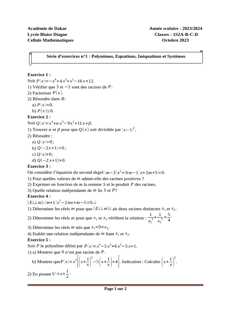 Exercices de Mathématiques : Polynômes et Équations | PDF | Zéro d'une ...