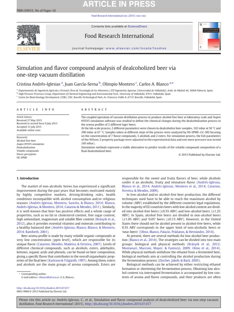 Dealcoholized Beer Flavor Analysis | PDF | Distillation | Gas ...