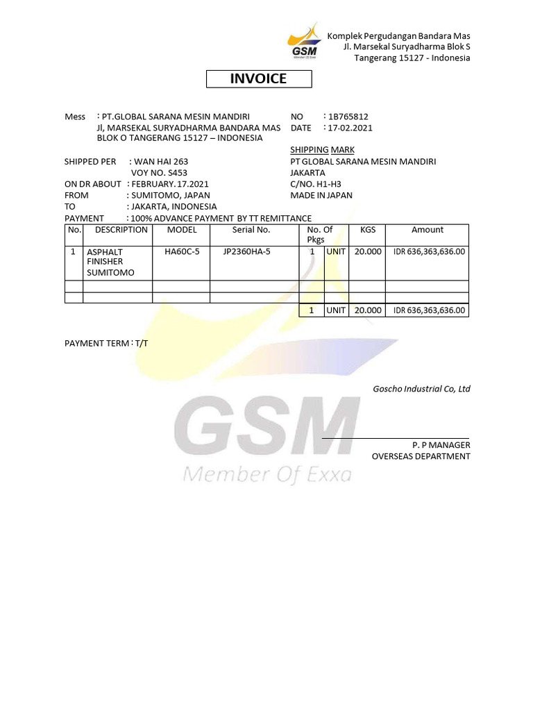 Invoice for Asphalt Finisher Sale | PDF | Payments