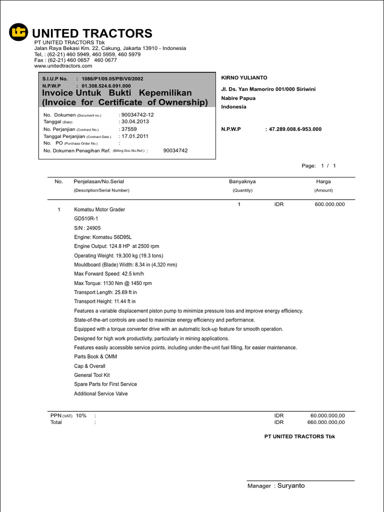 Invoice for Komatsu Motor Grader Purchase | PDF | Engines | Internal ...