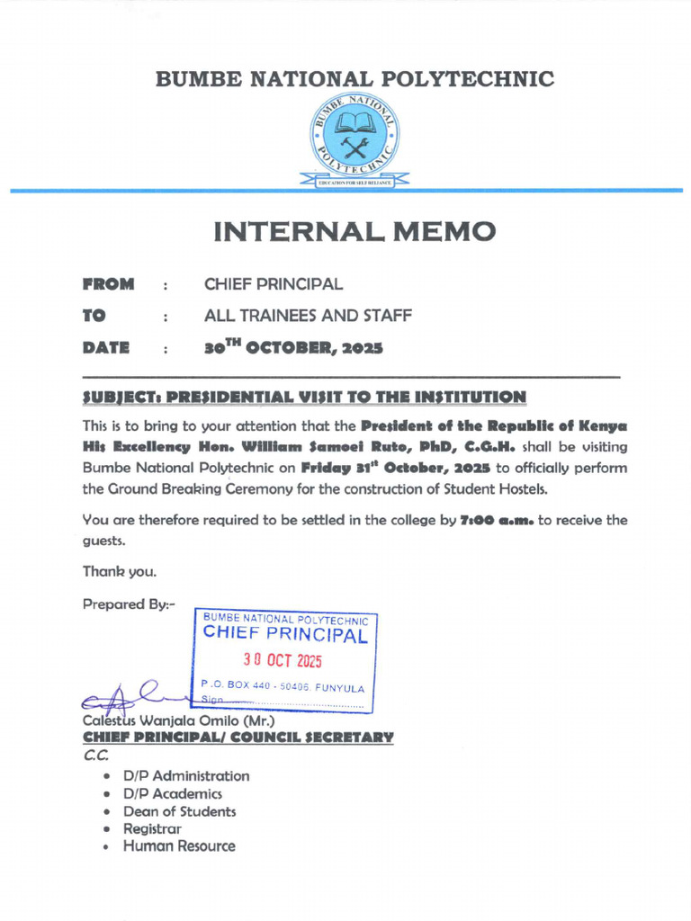 Internal Memo - Presidential Visit To The Institution | PDF