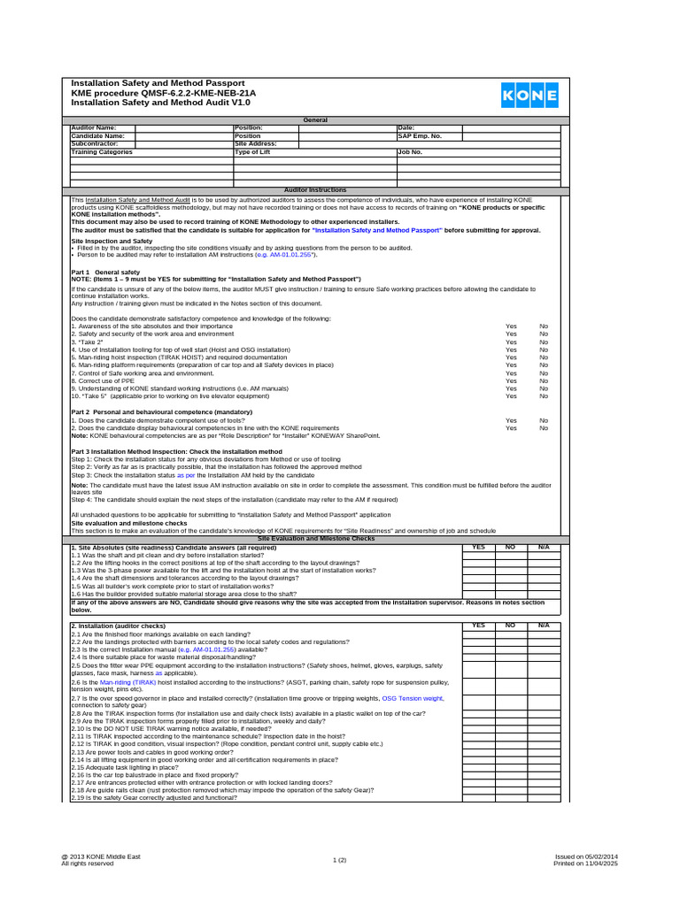 Insatallation Safety and Method Audit Form V1.0 | PDF | Audit