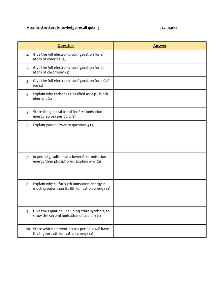 Atomic Structure Quiz: Ionization & Configurations | PDF