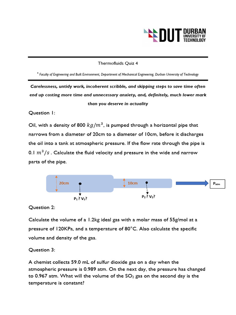 Quiz4 - V4 Fluid Flow - Bernoullis - Gas Laws | PDF | Gases | Pressure