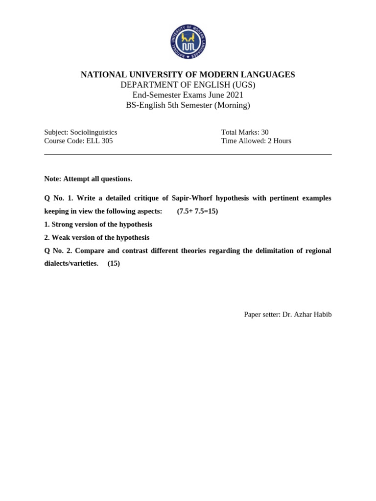 Sociolinguistics Exam Paper ELL 305 | PDF