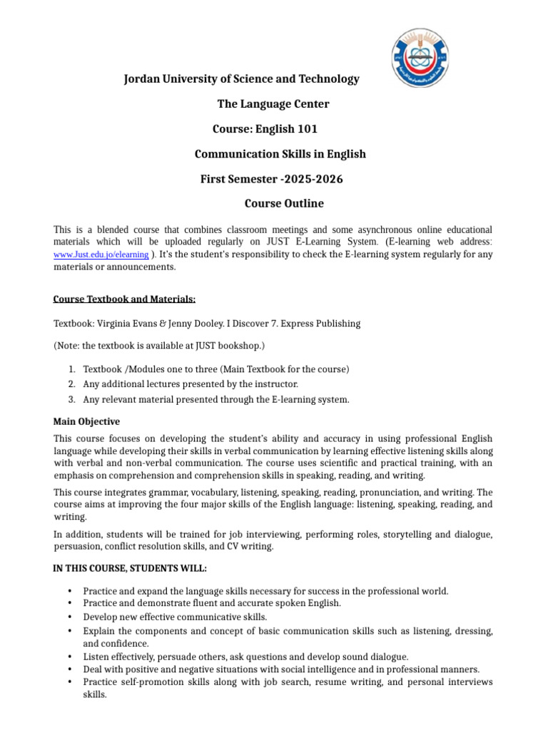 English 101 Course Outline at JUST | PDF | Educational Technology ...