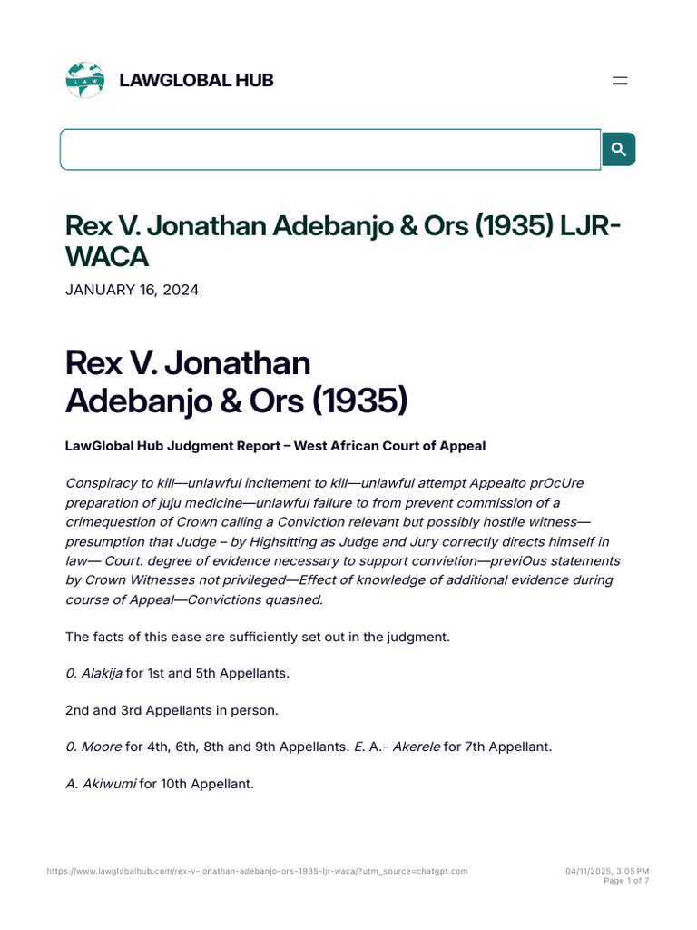 Rex v. Jonathan Adebanjo: 1935 WACA Case | PDF | Prosecutor | Witness