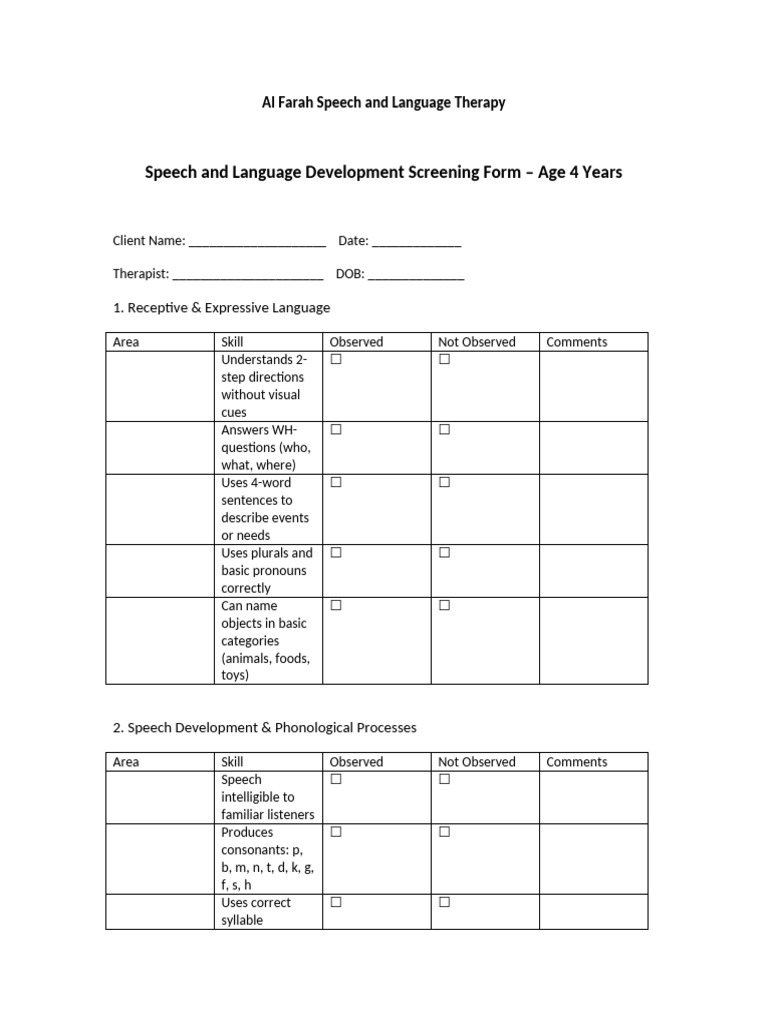 Kindergarten Language Screening Form-1 | PDF | Speech | Word
