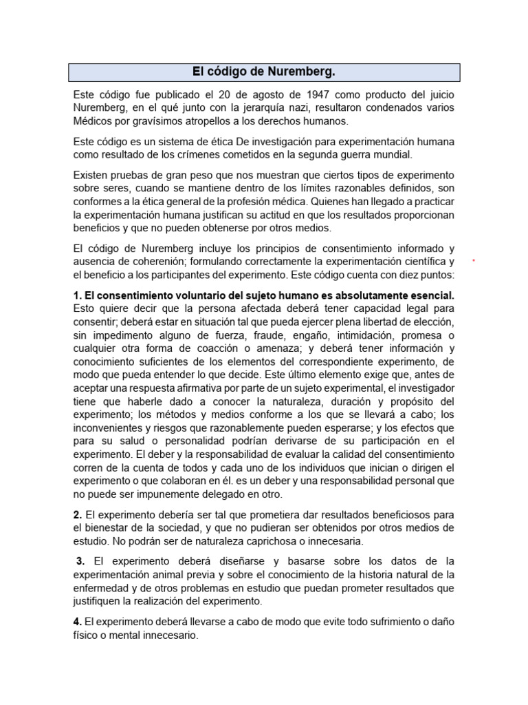 El código de Nuremberg | PDF | Experimentar | Consentimiento informado