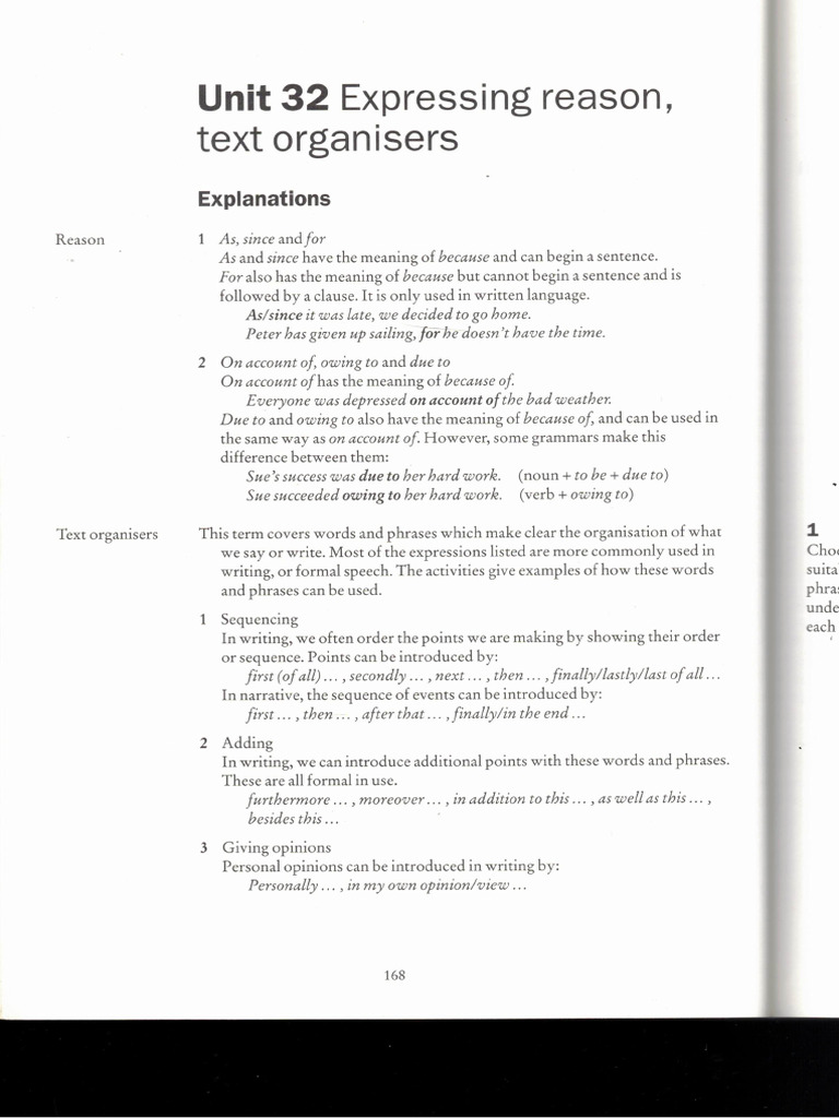 Unit 32 - Expressing Reason, Text Organisers | PDF