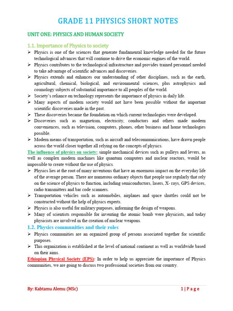 Grade 11 Physics Notes Overview | PDF | Knowledge | Physics