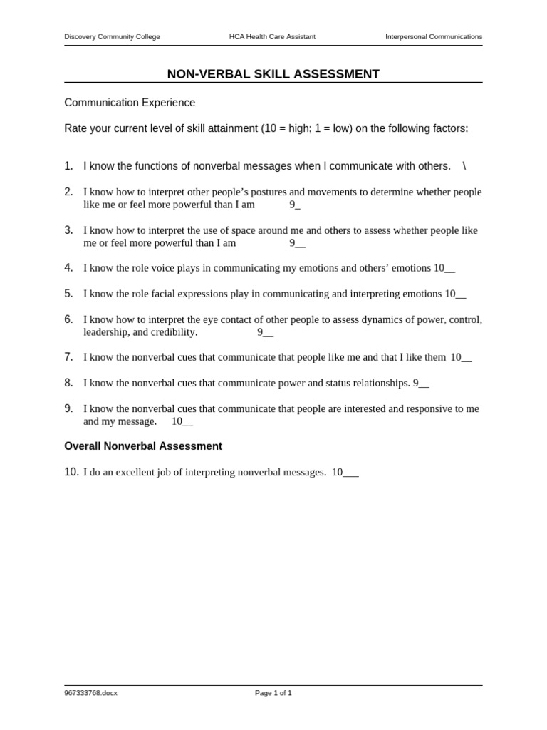 Non-Verbal Communication Skill Assessment | PDF