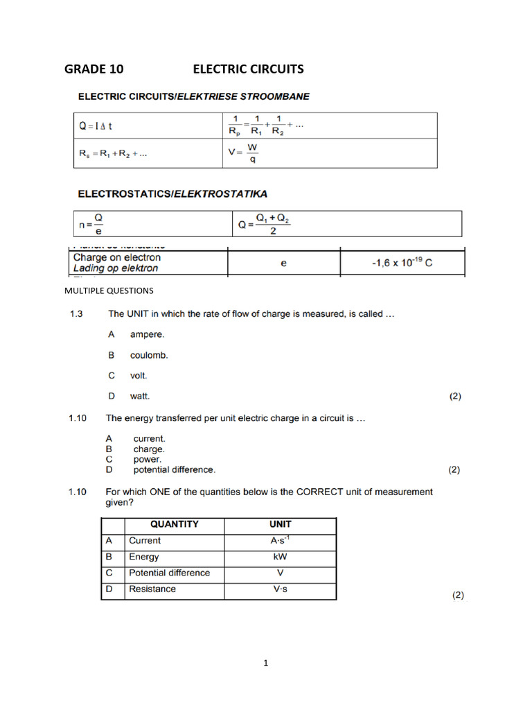 Grade 10 Electric Circuits Activities | PDF