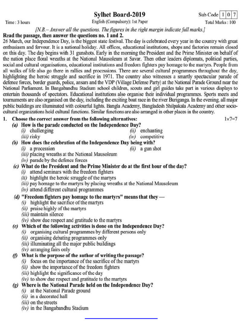 SSC English 1st Paper Question 2019 Sylhet Board | PDF