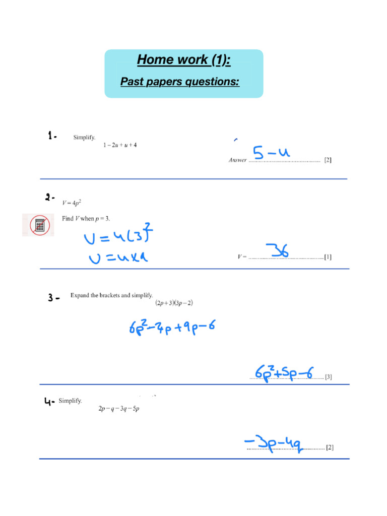 Homework Answers for Past Papers | PDF