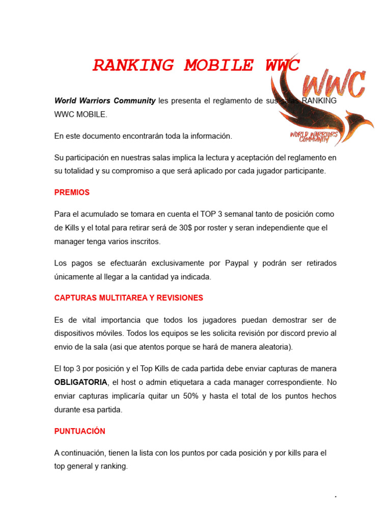 Reglamento Salas WWC Mobile | PDF