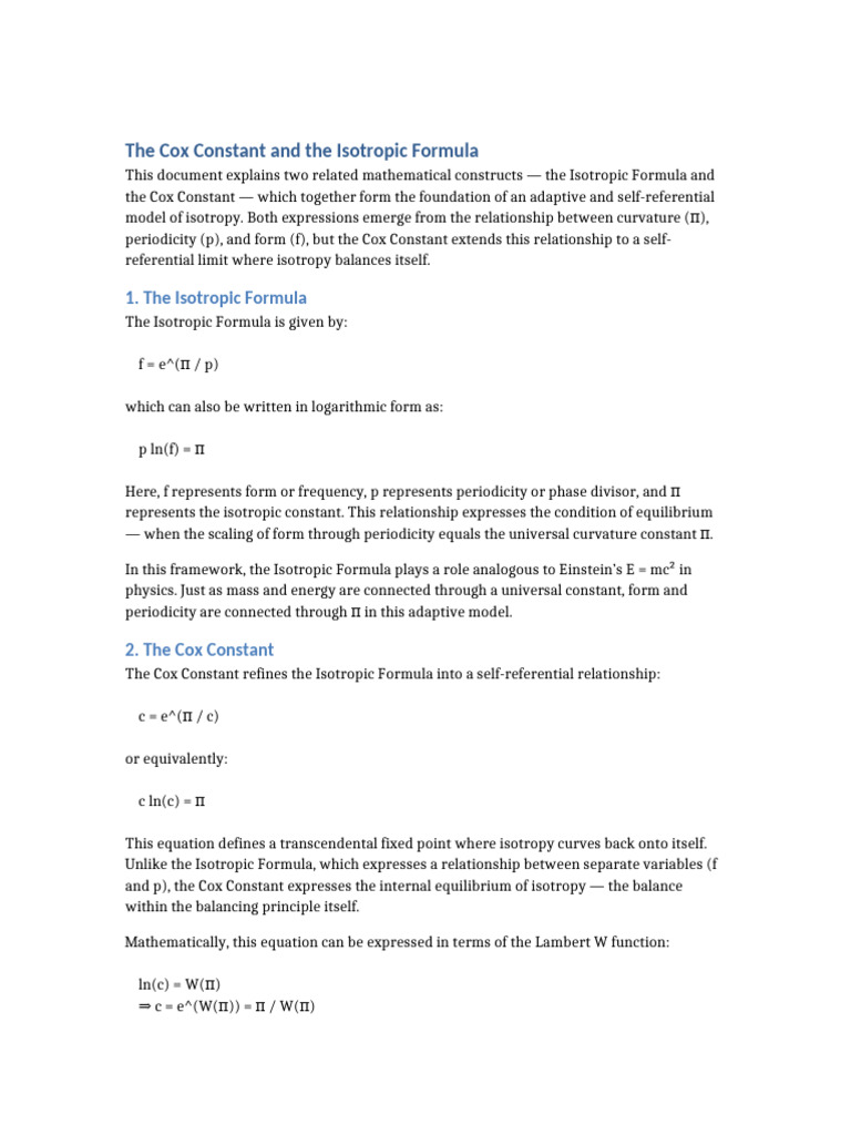 Isotropic Formula and Cox Constant Explained | PDF | Pi | Equations