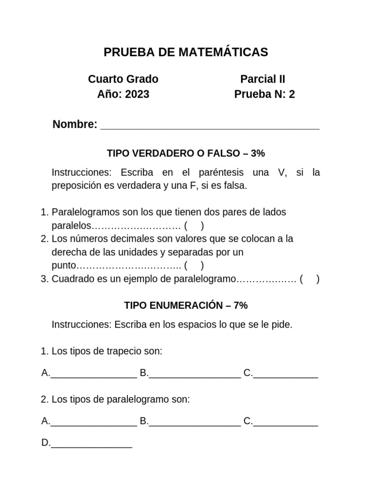 Prueba de Matematicas II - Cuarto Grado | PDF