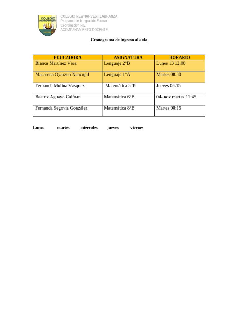 Cronograma de Ingreso A Aula | PDF