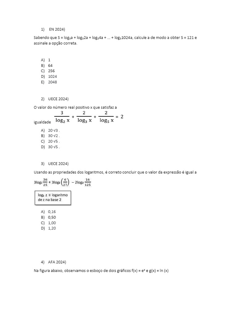 Logaritmos - 20 Questões | PDF | Logaritmo | Matemática