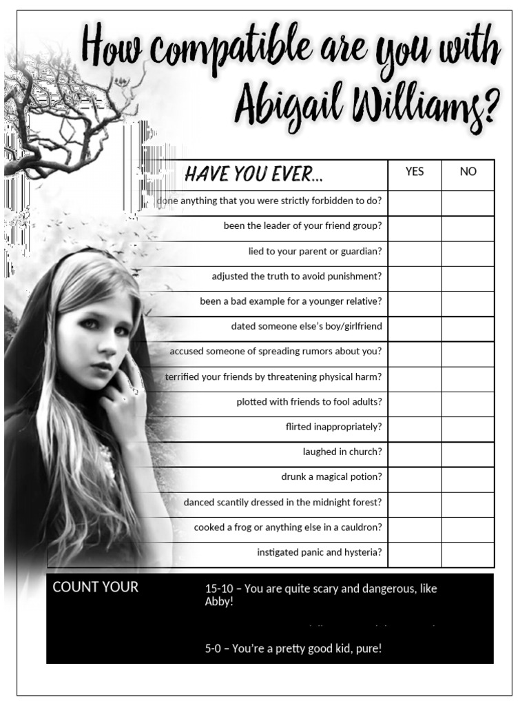 Worksheet n.2 - The Crucible Introduction Activity - Are You Compatible With Abby | PDF