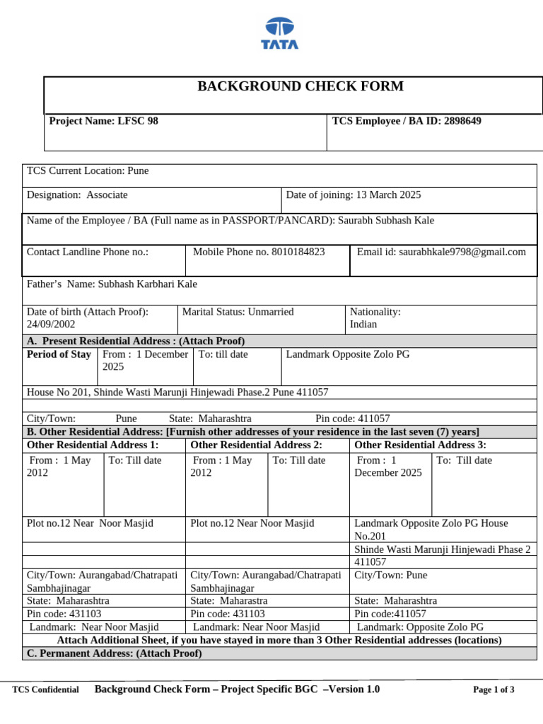 TCS Background Check Form for Saurabh Kale | PDF | Background Check ...