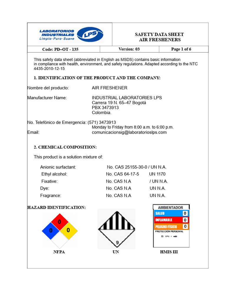 Safety Data Sheet Air Freshener | PDF | Firefighting | Personal ...