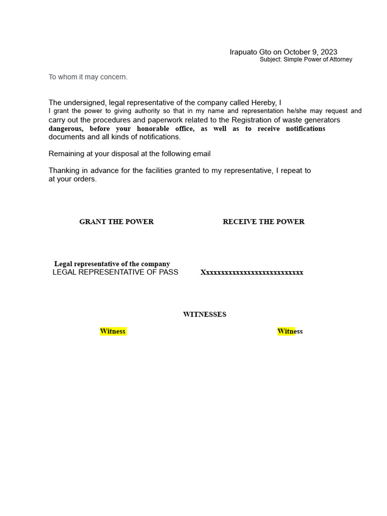 Letter of Power of Attorney On Letterhead | PDF