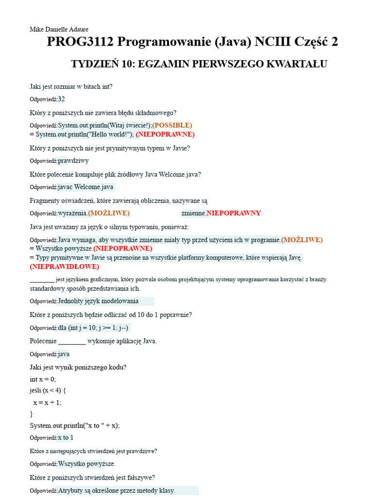 PROG3112 Programowanie Java NCIII Część 2 TYDZIEN 10 PIERWSZY | PDF